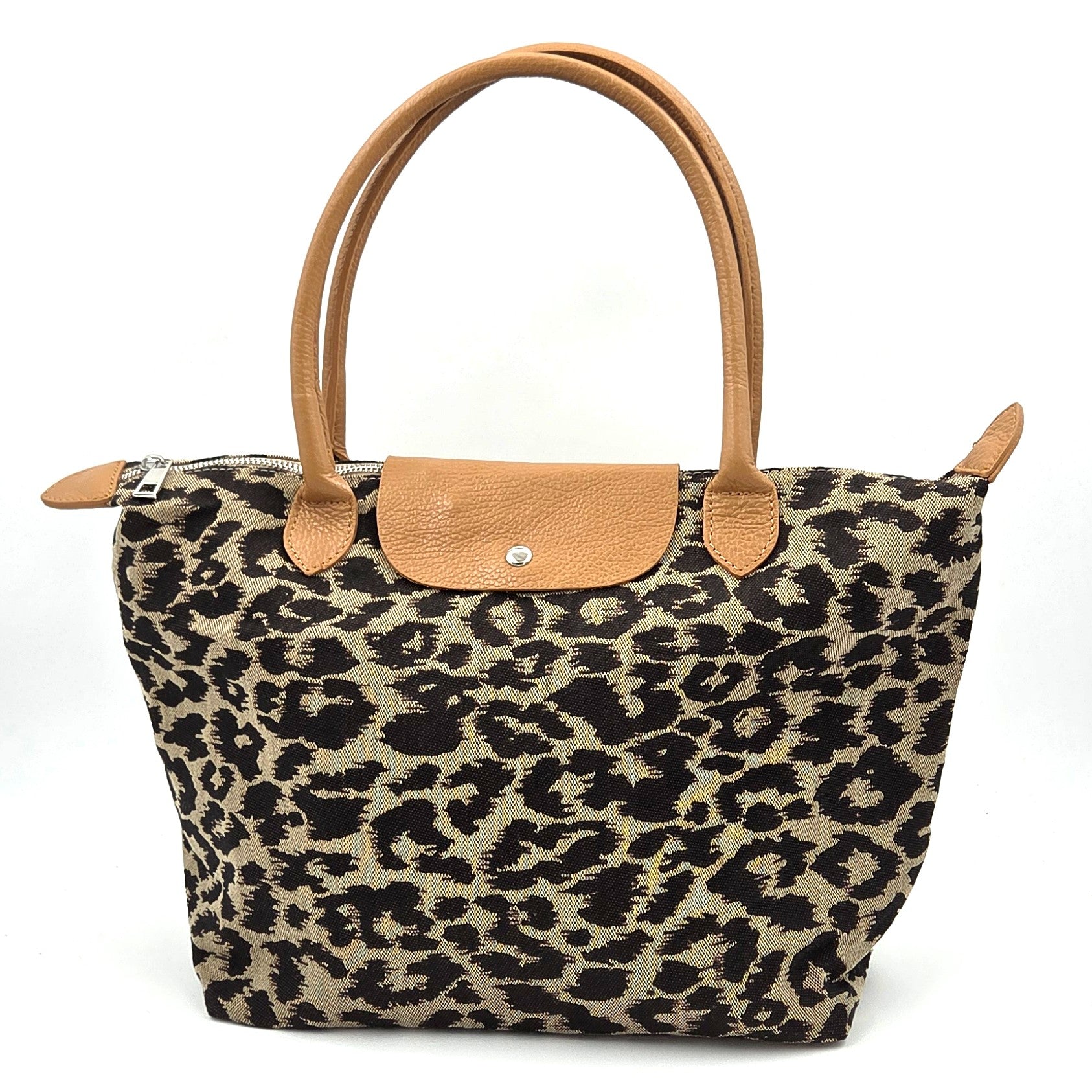 Longchamp' inspired classic tote bag with leopard print body and leath ...