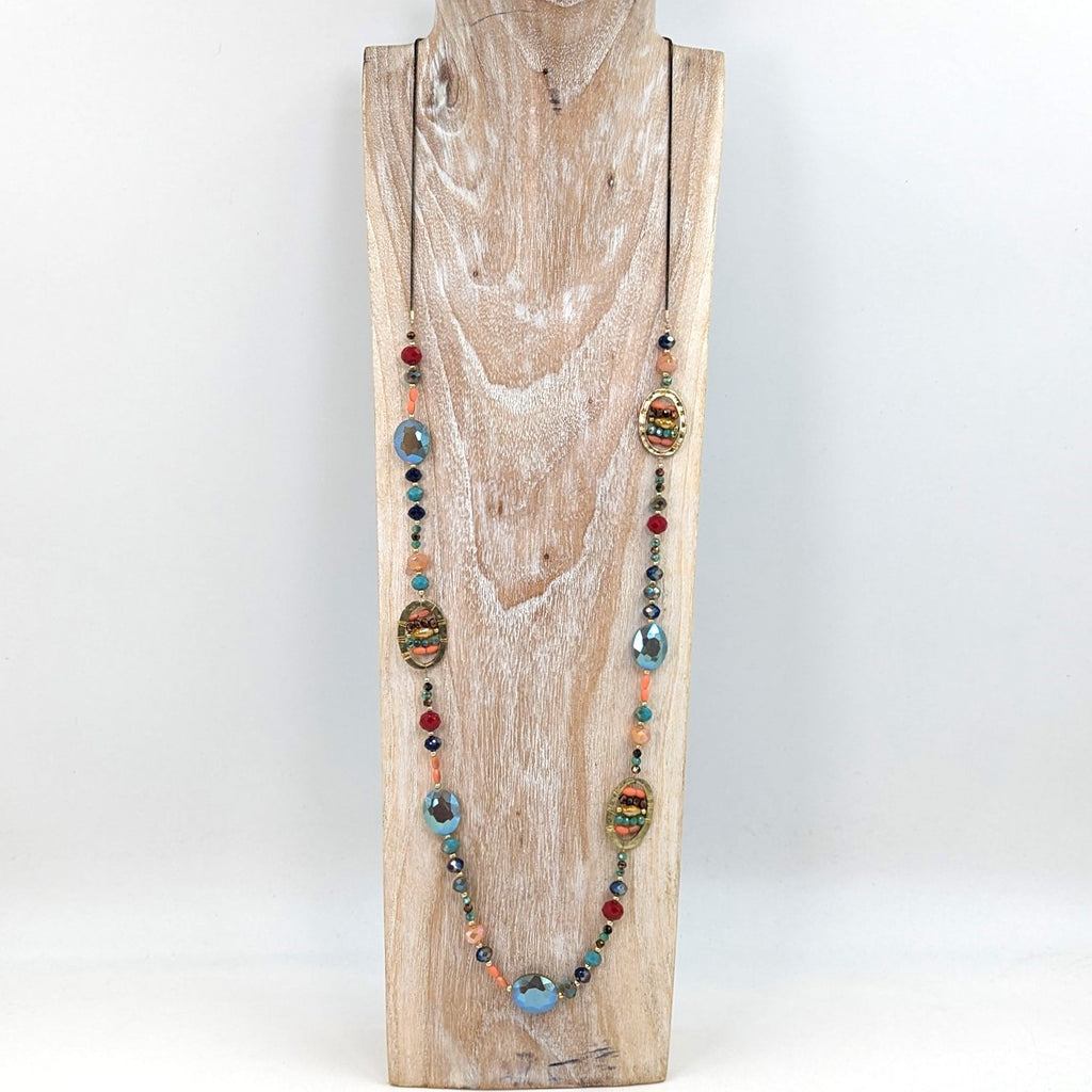 Beaded long necklace with threaded beads on wire elements – Tempest Designs