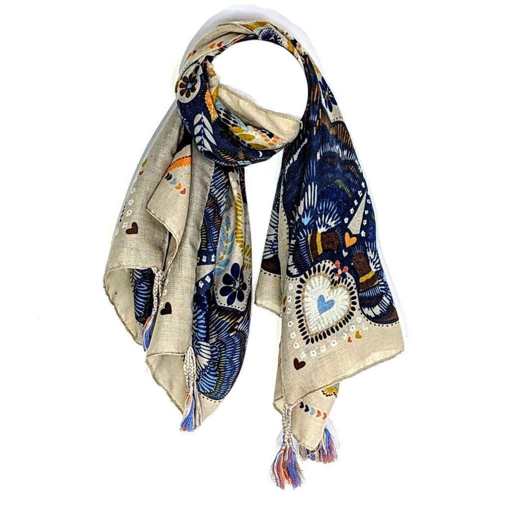 Swedish style bird print scarf with corner tassels – Tempest Designs