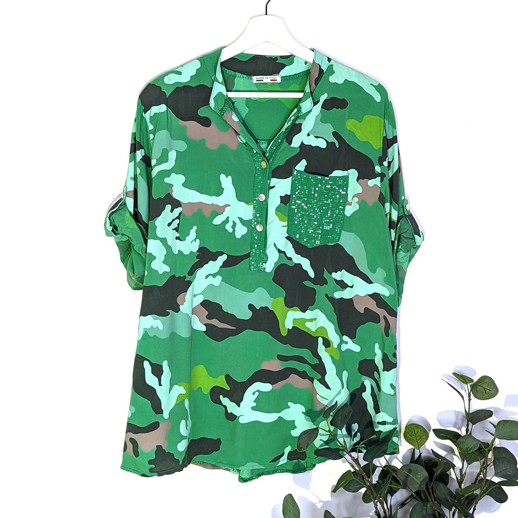 Quirky camo print shirt with subtle sequin neckline and pockets (M ...