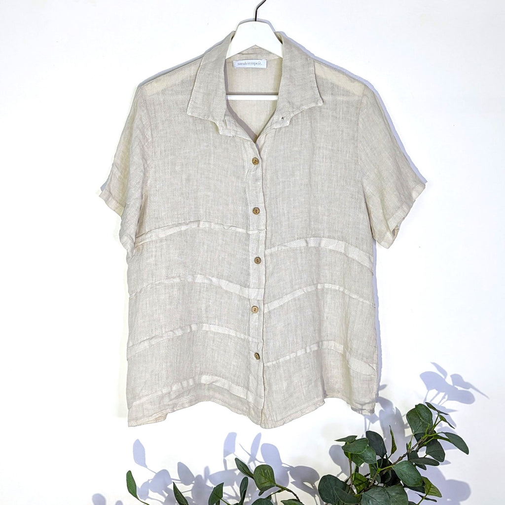 Button down short sleeve linen top with random horizontal pleat detail ...
