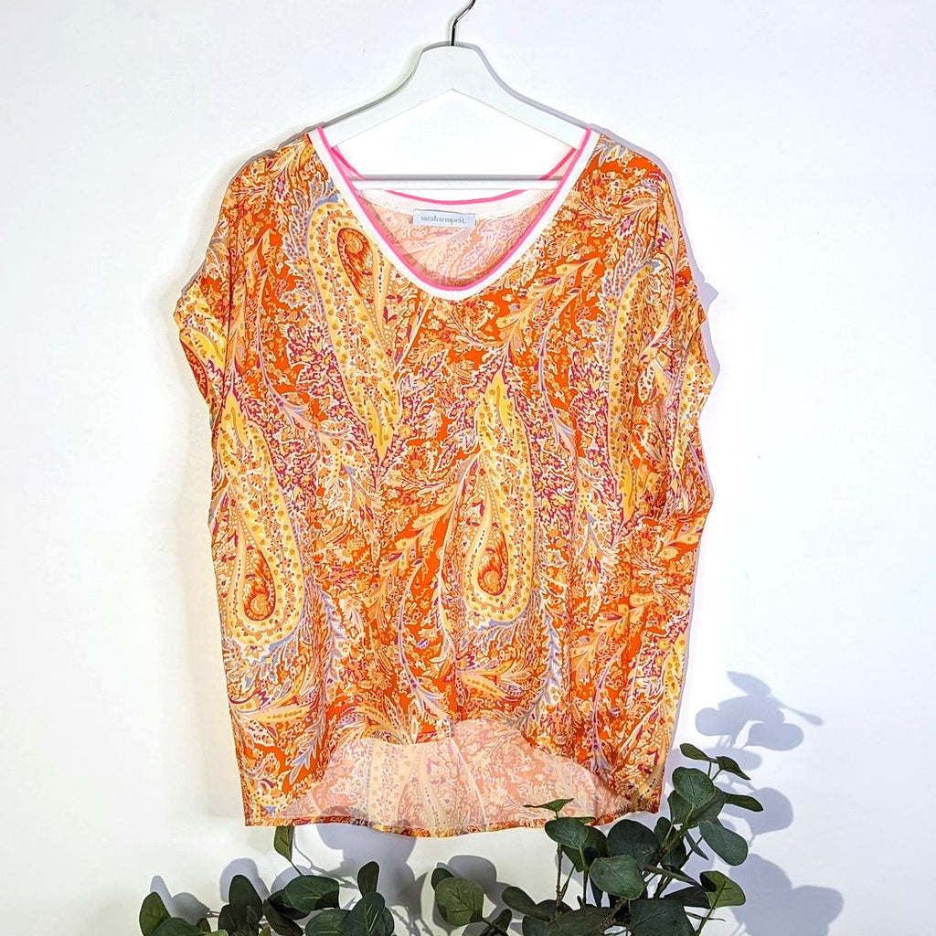 Paisley print top with short sleeve neon neckline (S-M) – Tempest Designs