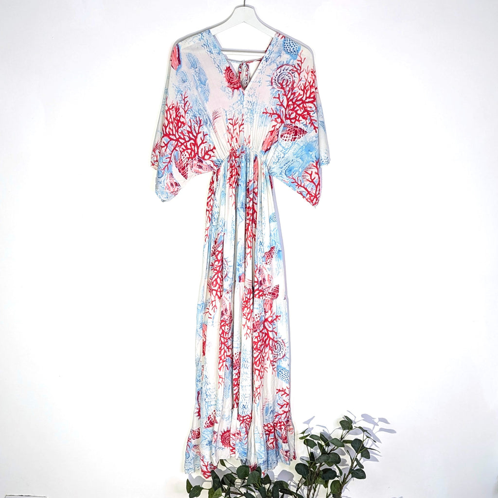 Flattering viscose Summer dress with coral and sea shell digital print ...