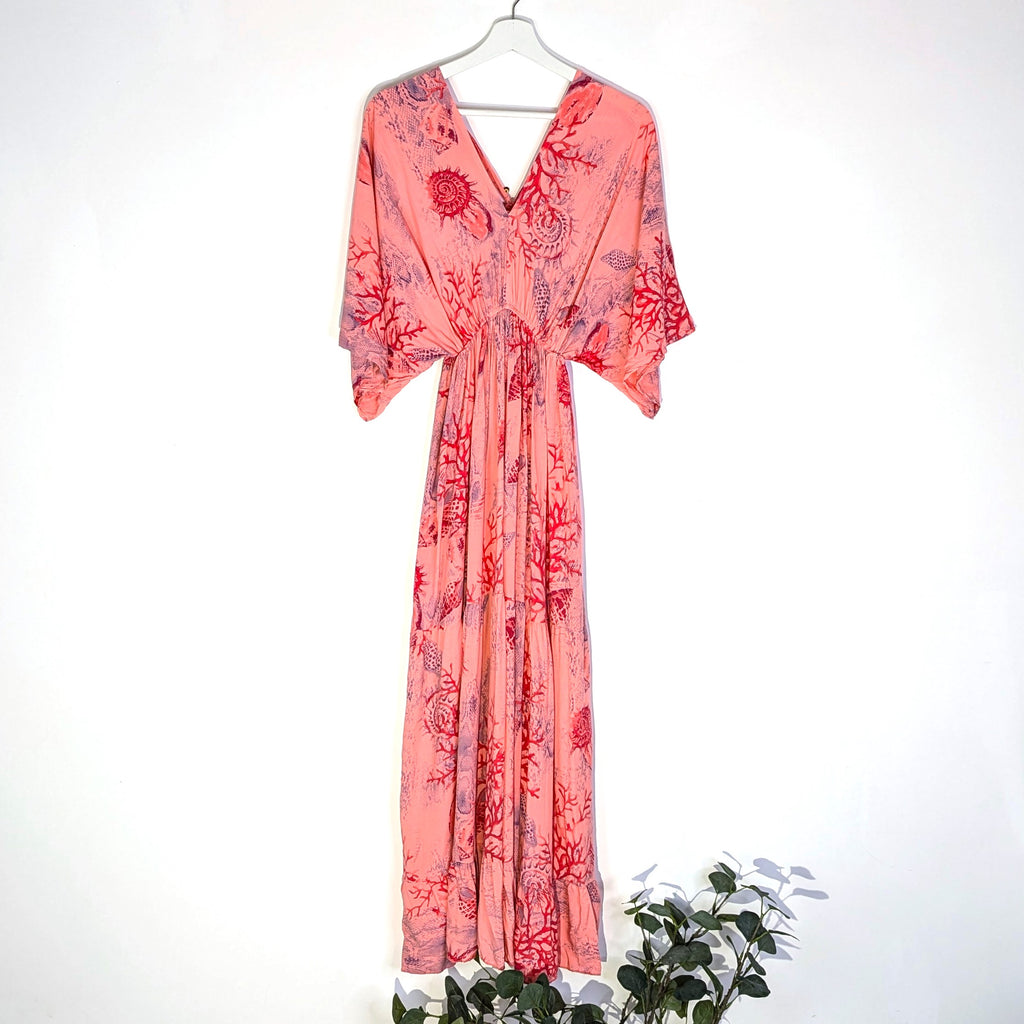 Flattering viscose Summer dress with coral and sea shell digital print ...