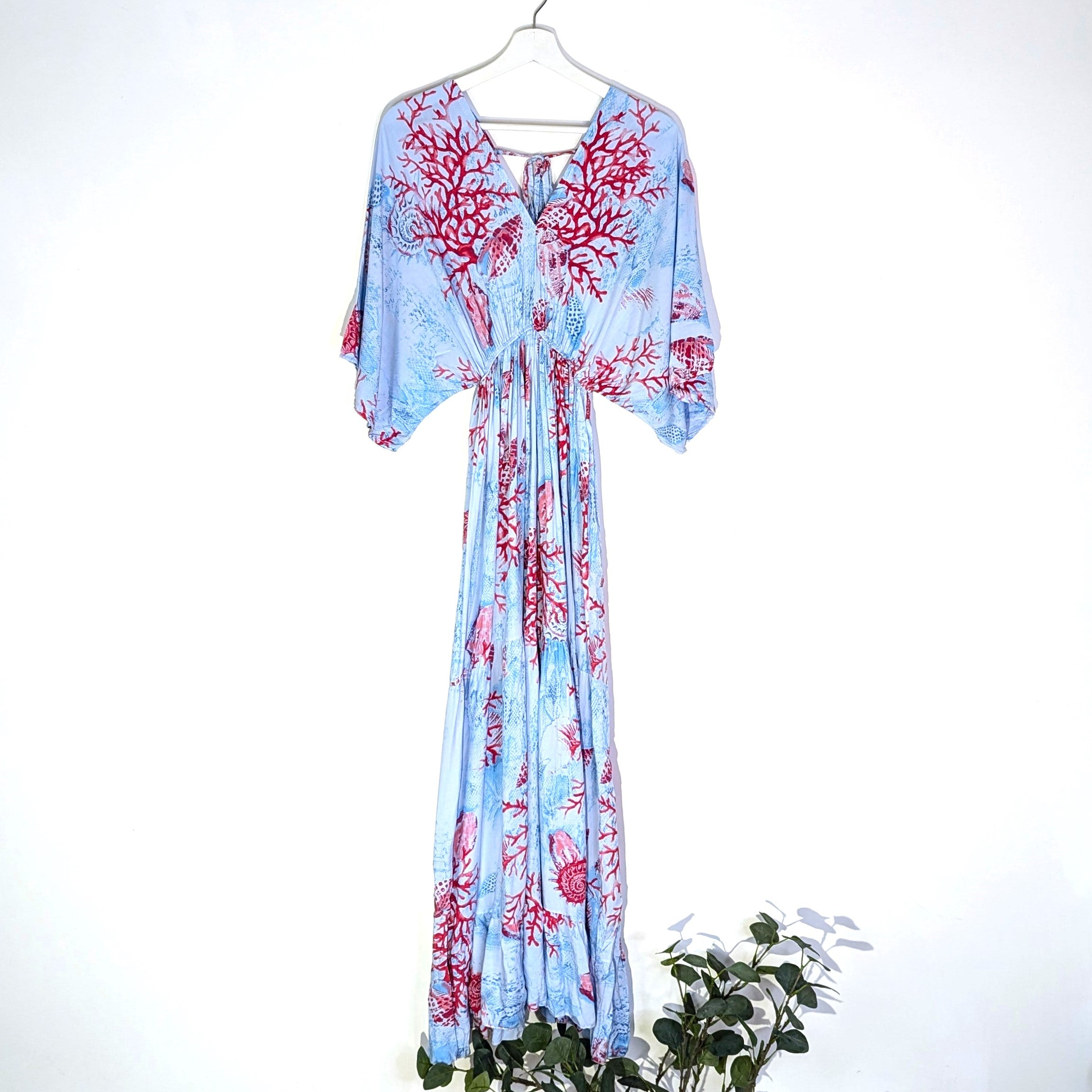 Flattering viscose Summer dress with coral and sea shell digital print ...