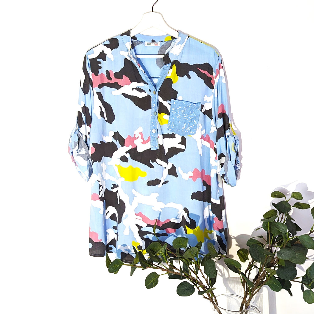 Quirky camo print shirt with subtle sequin neckline and pockets (M ...